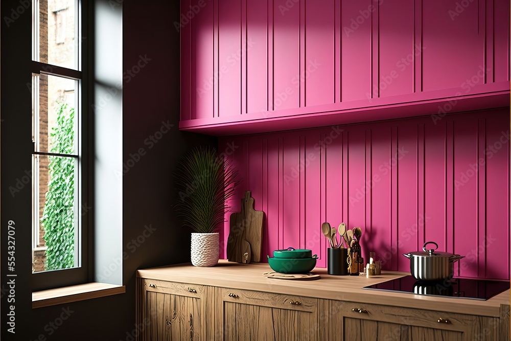 4K resolution or higher, magenta wall panelling with wooden shelf in ...