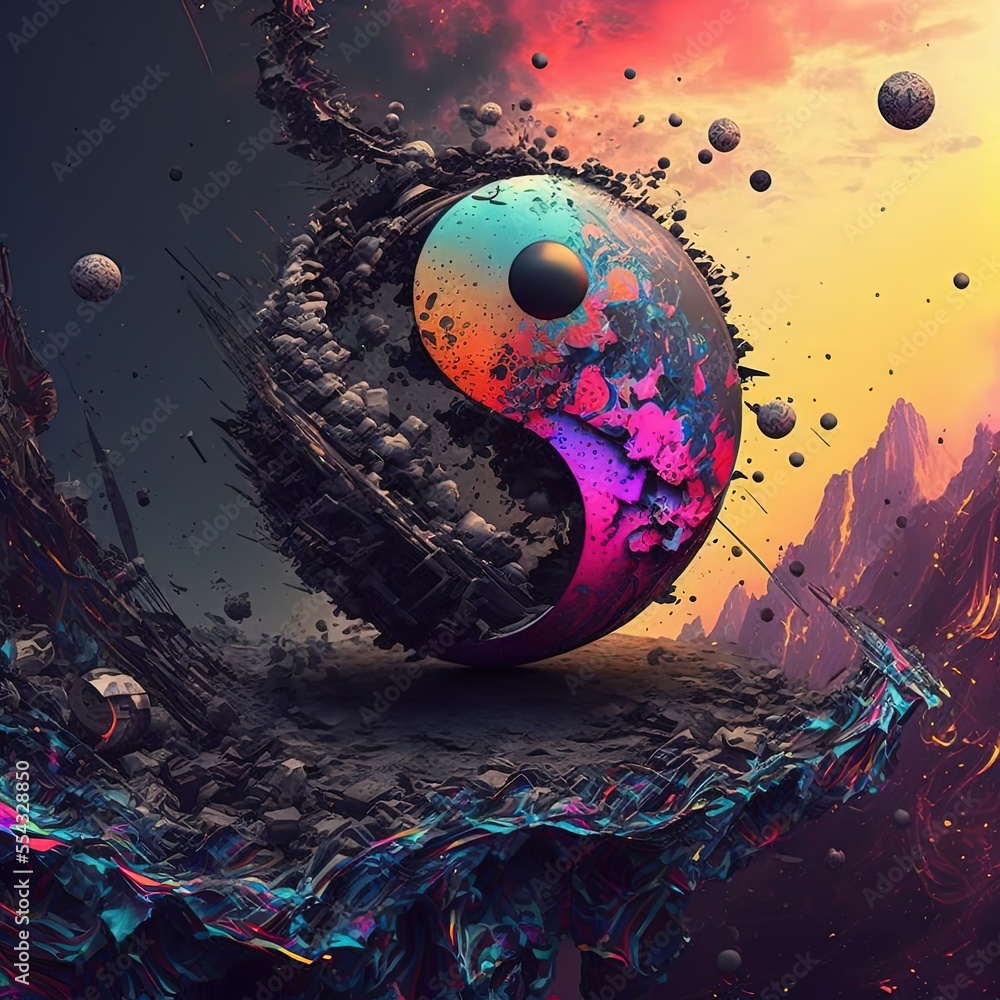 Destruction of Yin Yang Symbol, alien planet landscape as background ...
