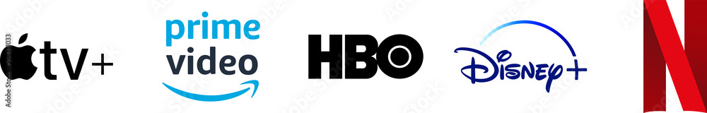 Button set of popular TV streaming services. Netflix, HBO, Apple TV ...