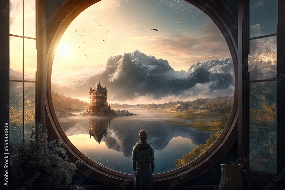 fantasy theme illustration of big circle window with ancient tower ...