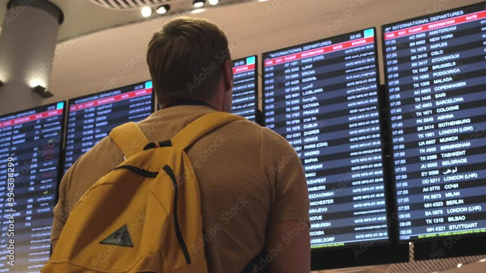 Back view of man checking the timetable board at international airport ...