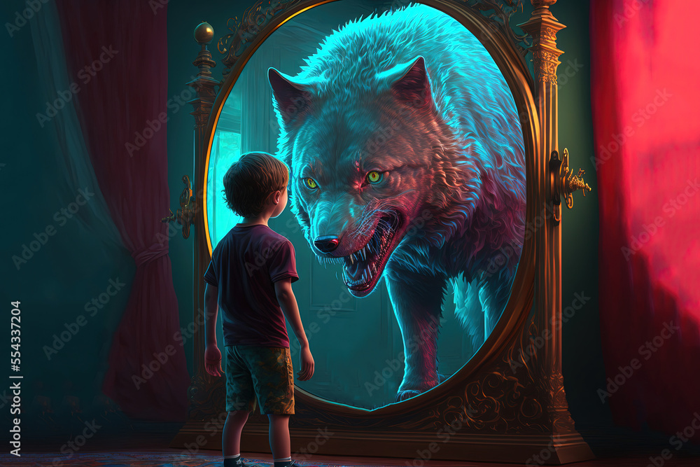 surreal illustration of a kid facing with his fear that represent as a ...
