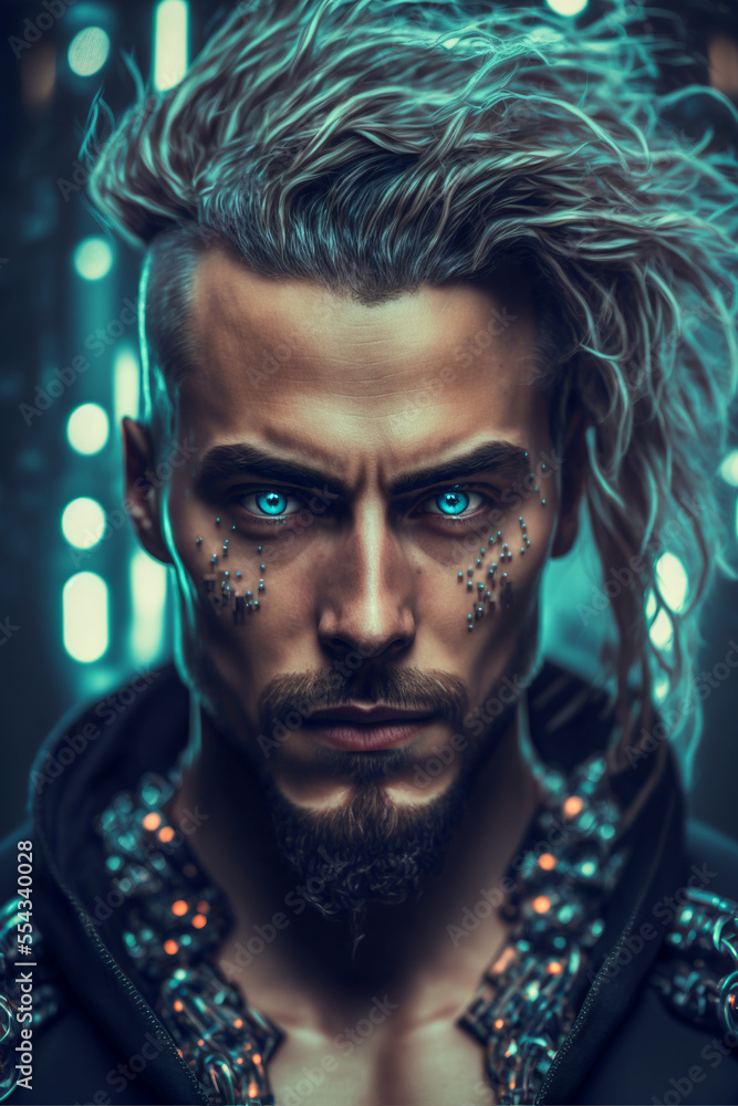 Closeup portrait of a handsome Swedish hacker man with dyed blonde ...