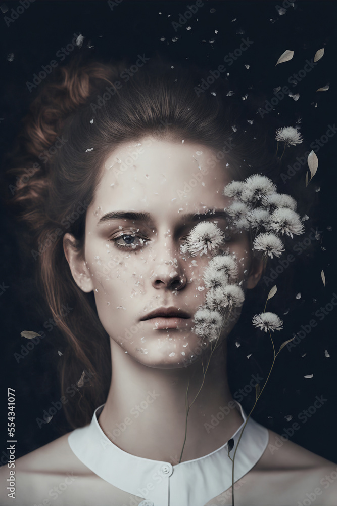 A beautiful brunette woman lying down impassively as flowers fall on ...