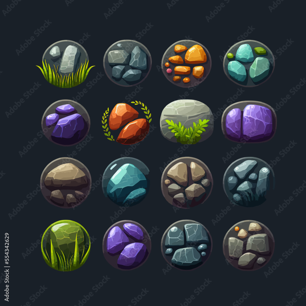 Stone vector button set, gui UI rock frame game asset. Isolated on a ...