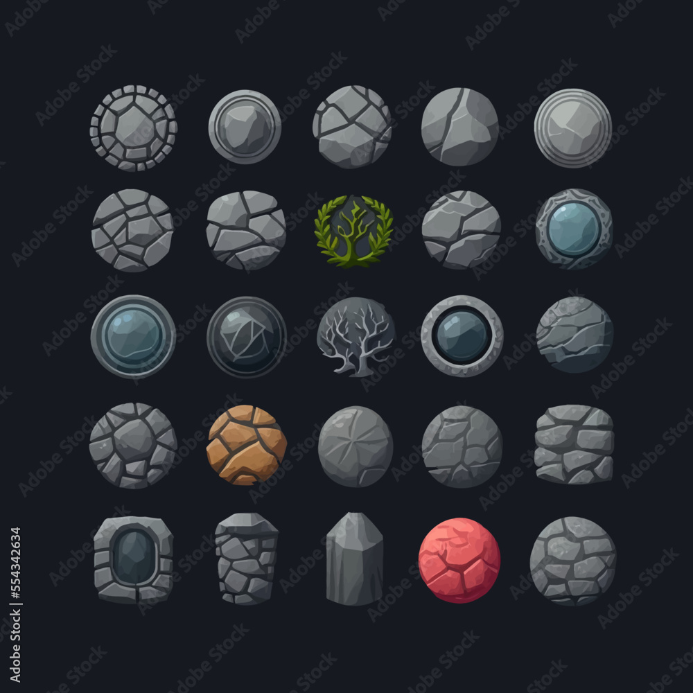 Stone vector button set, gui UI rock frame game asset. Isolated on a ...