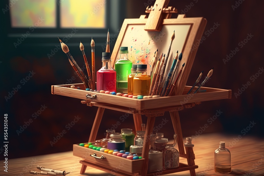 Setup for a painter's studio, with an easel, in a variety of colors and ...