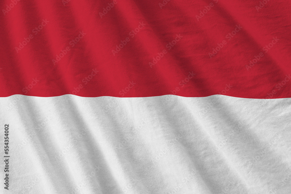 Indonesia flag with big folds waving close up under the studio light ...