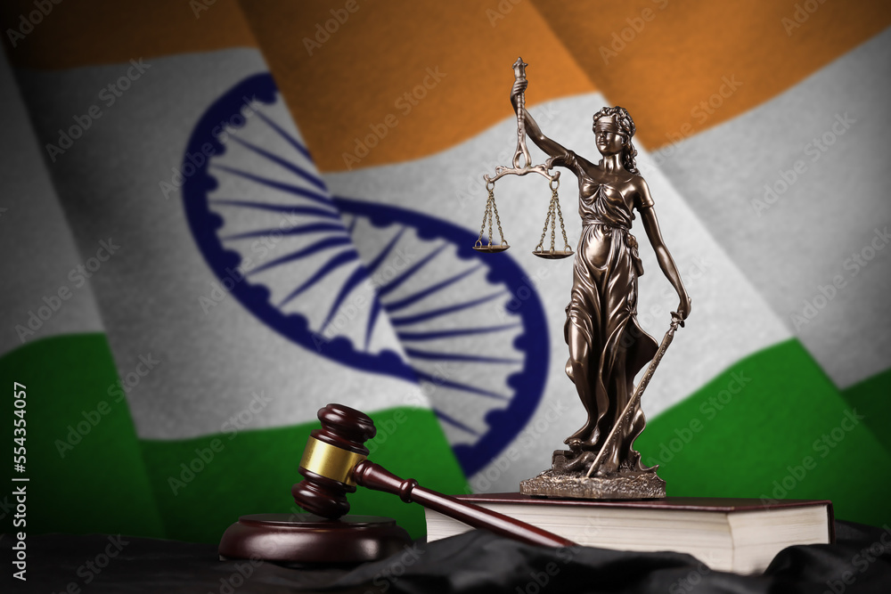 India flag with statue of lady justice, constitution and judge hammer ...