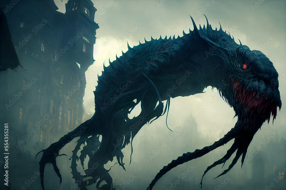 Spooky flying dragon like monster with red glowing eyes. Stock ...