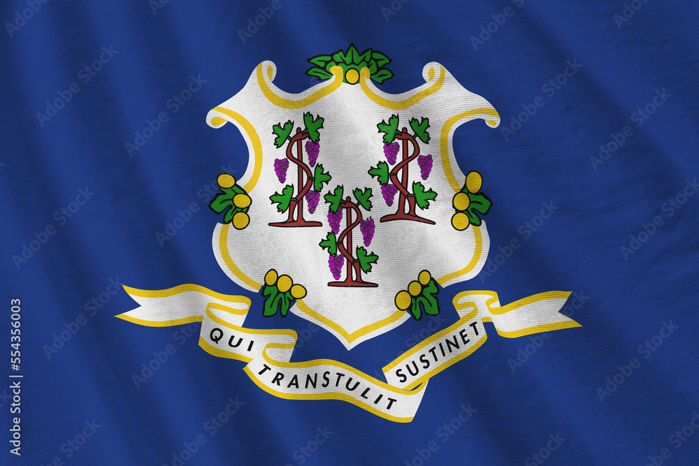 Connecticut US state flag with big folds waving close up under the ...