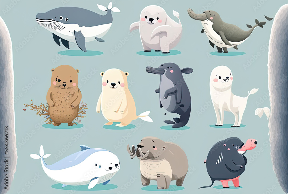Polar bear, seal, penguin, walrus, whale, fish, narwhal, and albatross ...