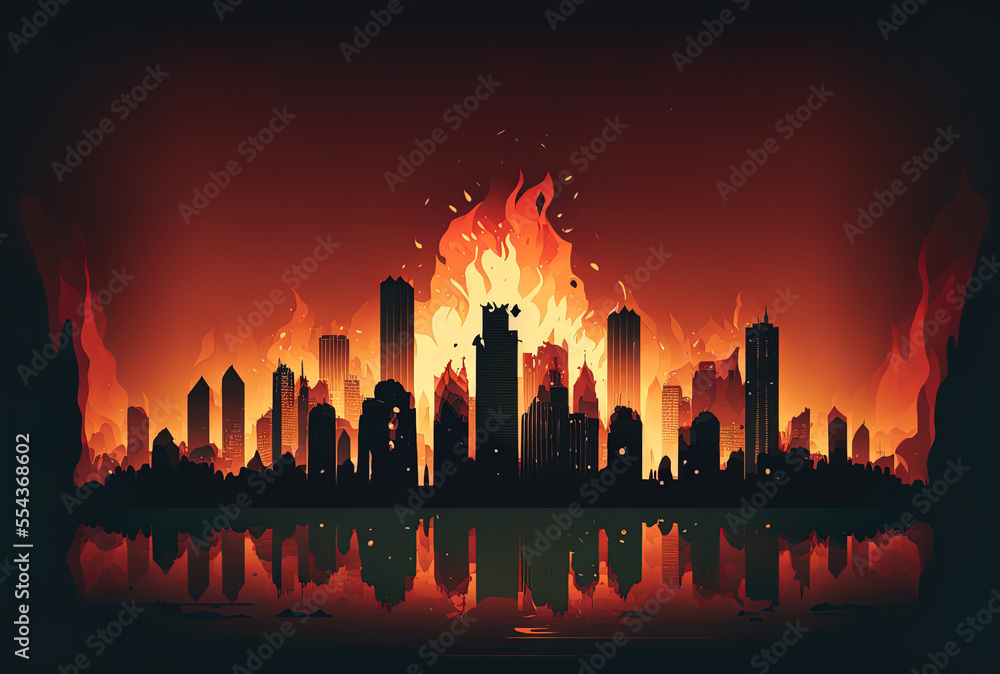 Flat city on fire backdrop design. Generative AI Stock Illustration ...
