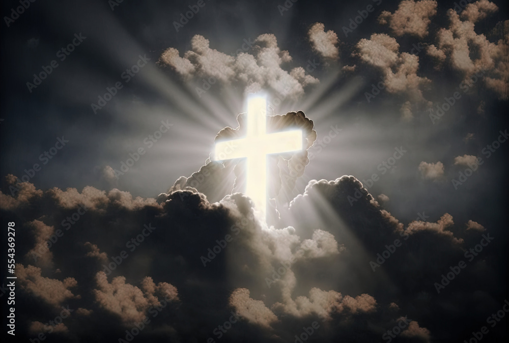 clouds and the sky Jesus Christ's holy cross with a beam of brilliant ...