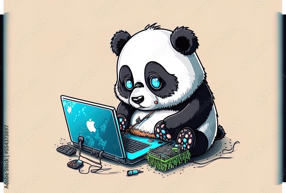 Cute panda working on a laptop in a cartoon image. quality illustration ...