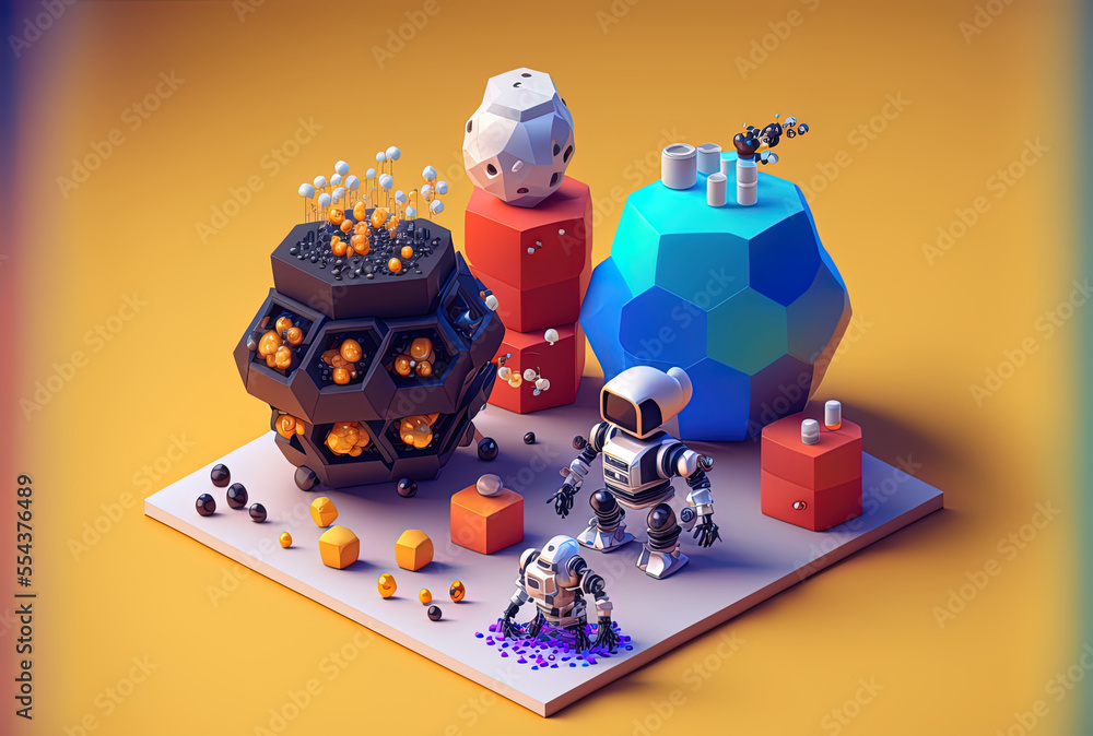 Robot isometric professions imaginative composition with tiny android ...