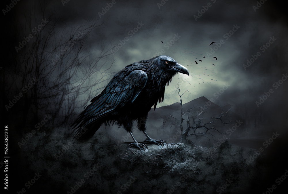 Dark, eerie crow in the backdrop with a horror theme. Generative AI ...