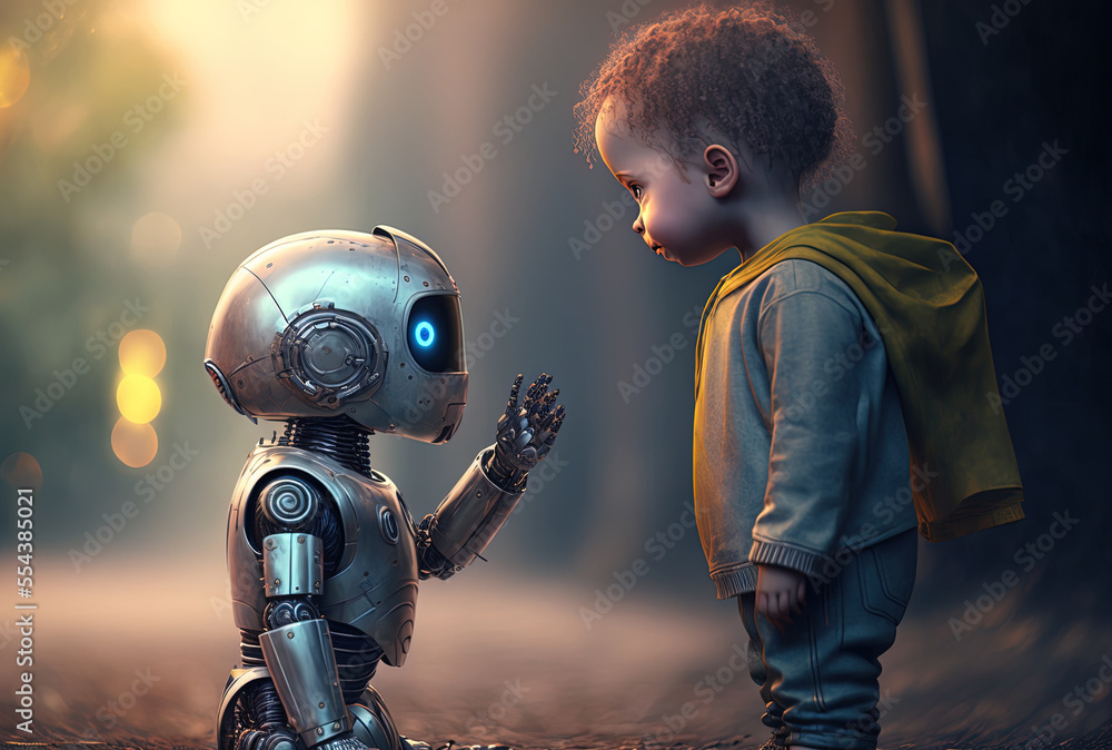 Little child interacts with robot futuristic technology artificial ...
