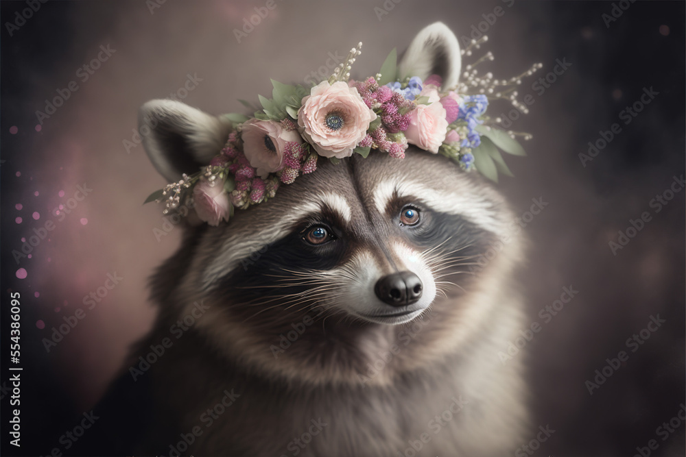 beautiful studio portrait of a raccoon, flowers and soft box lighting ...