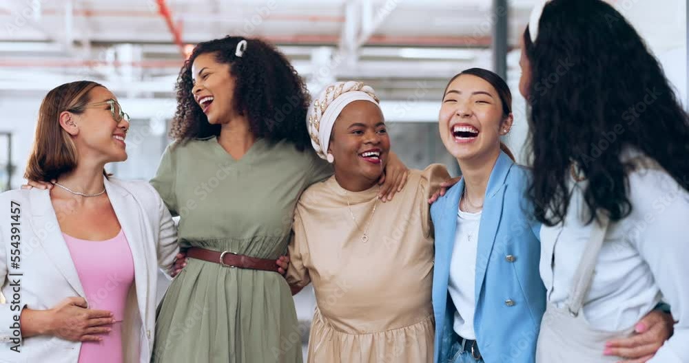 Team building, women or funny friends in office building laughing at a ...