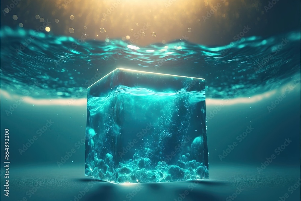 4K resolution or higher, abstract blue background. Clear glass cube ...