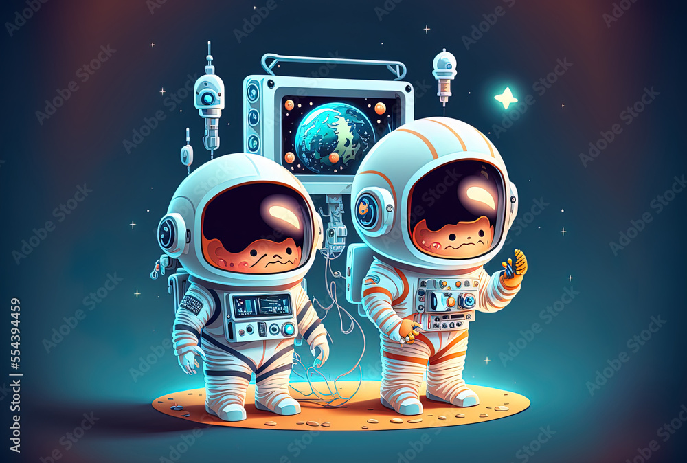 Cartoon icon depicting cute astronauts working in space. Generative AI ...