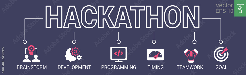 Hackathon design sprint-like event banner. Challenge, programming, idea, online, strategy ...