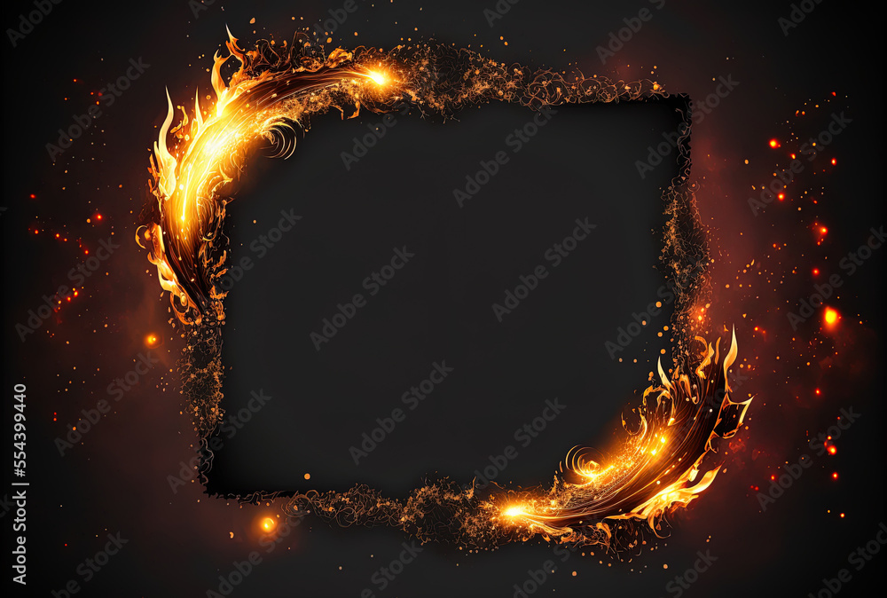 Black design space, realistic flame border, and fire sparks backdrop ...