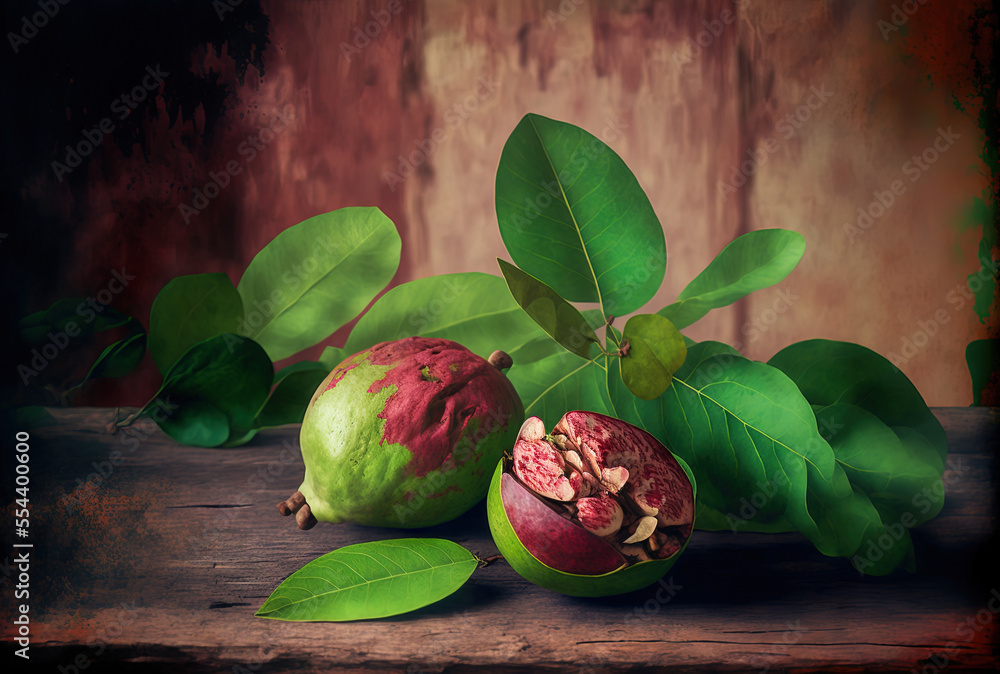 Fresh red guavas with green foliage against a backdrop of timber being ...