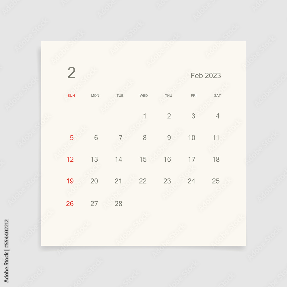 February 2023 calendar page on white background. Calendar background ...