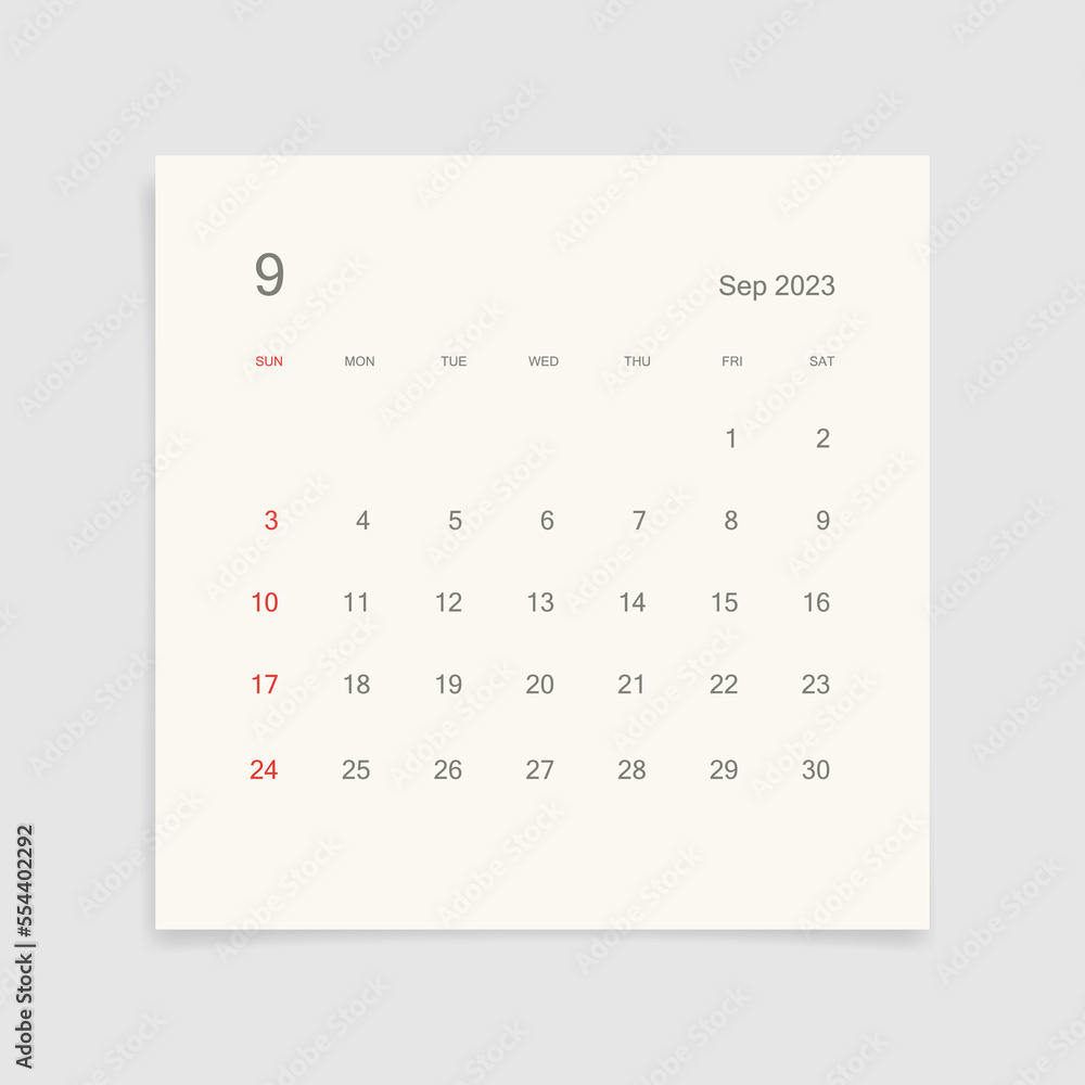 September 2023 calendar page on white background. Calendar background ...