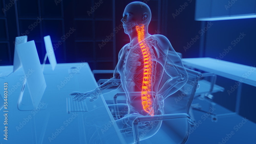 3D medical illustration of a man experiencing back pain at work Stock ...