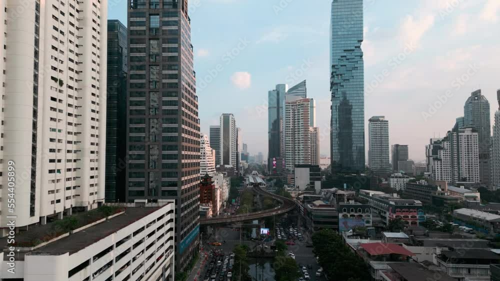 Silom Sathorn transport road car with modern office building aerial ...