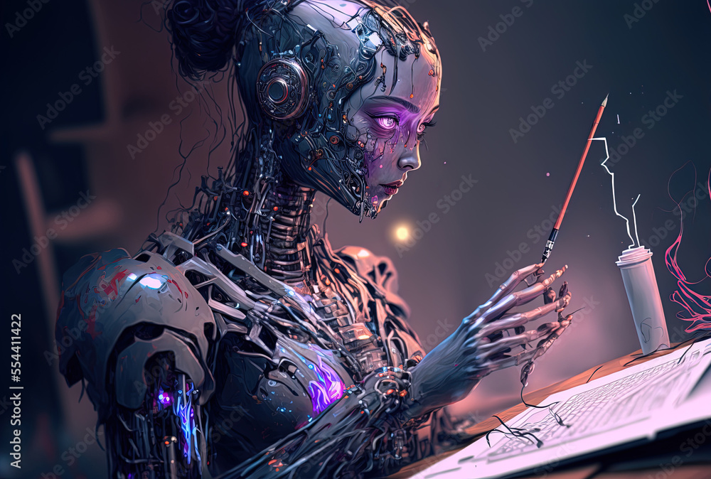 Future illustration of a cyborg artist using artificial intelligence ...