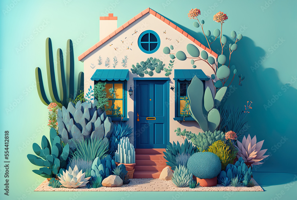 A simple blue backdrop surrounds a cartoonish depiction of the front of ...