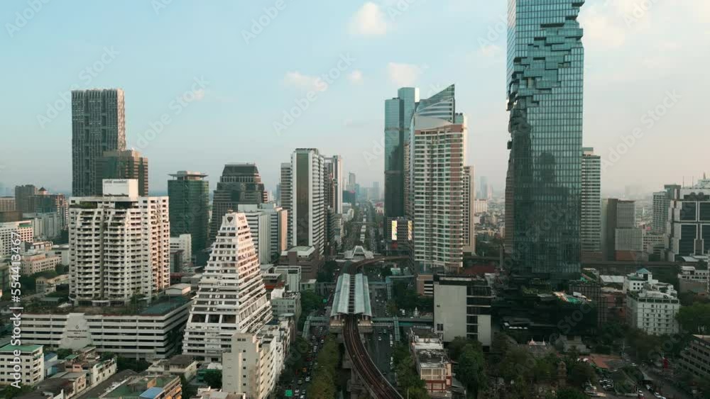 Silom Sathorn transport road car with modern office building aerial ...