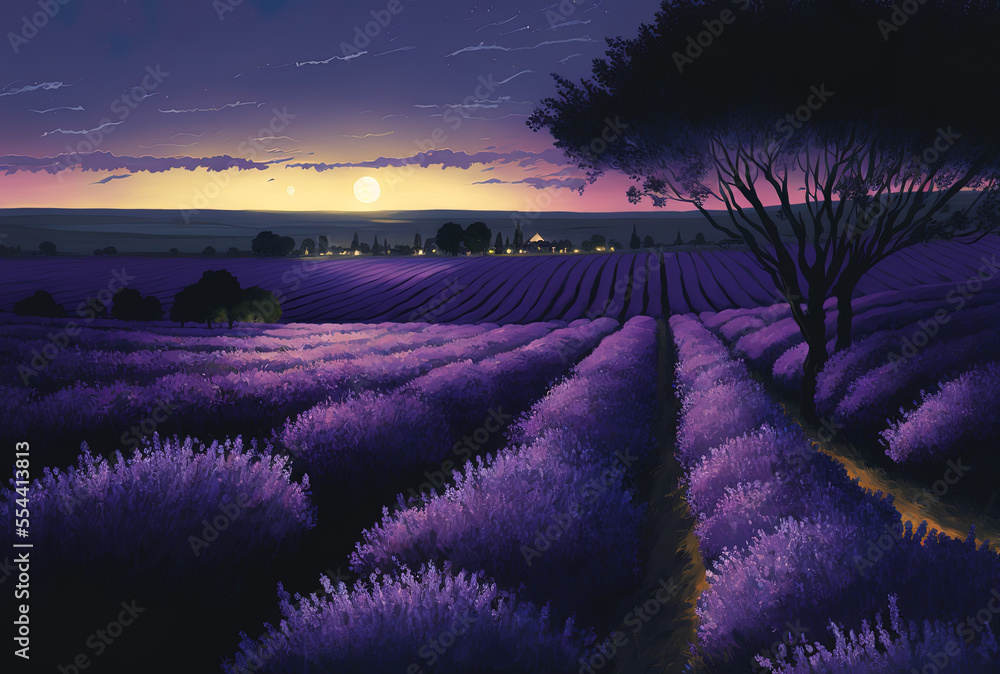 Up close At nightfall, fields of fragrant lavender blossom in unending ...
