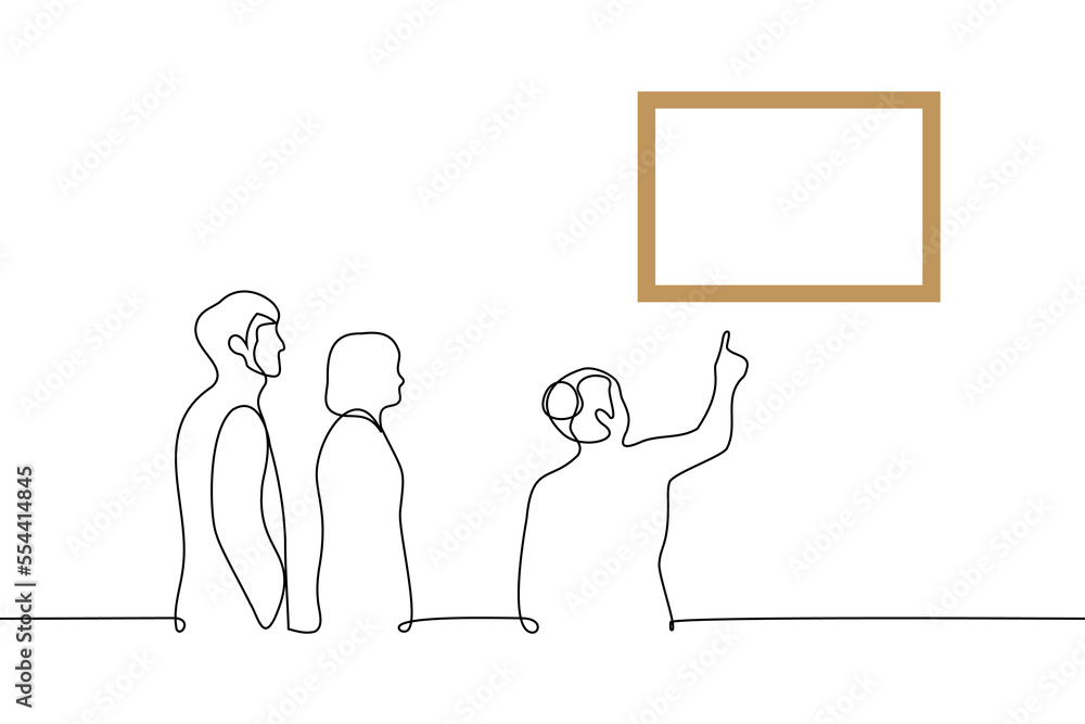 female tour guide pointing at a painting on the wall couple behind her ...