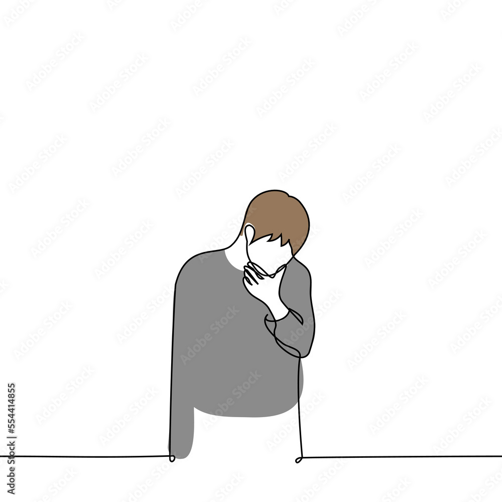 man bowed his head scratching his chin - one line drawing vector ...