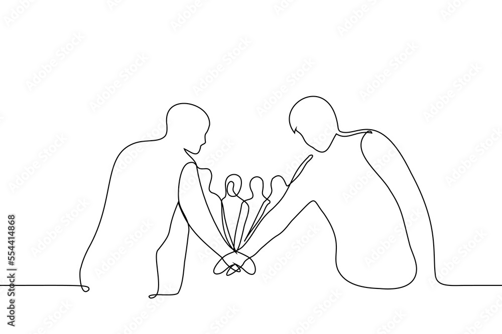 group of people united, team ritual - one line drawing vector. concept ...