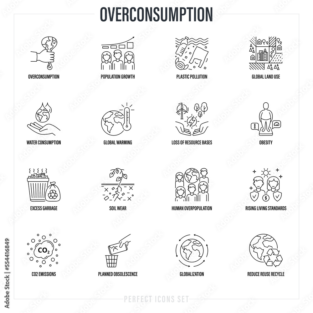 Overconsumption thin line icons set. Plastic pollution, population ...