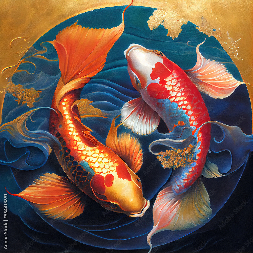 Oil painting of two koi fish circling like yin and yang patterns. Two ...