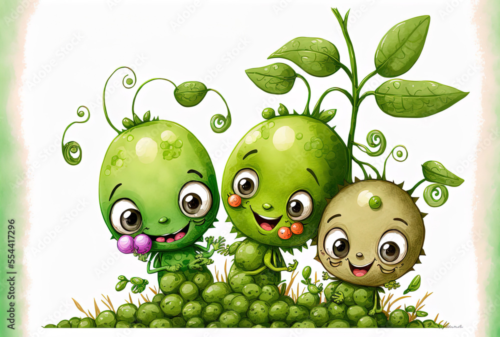 Cartoon caricature of adorable peas in watercolor. Image in format ...