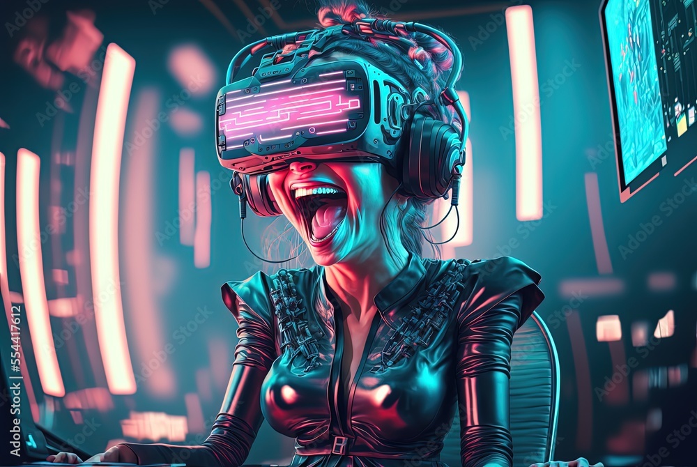 ภาพประกอบสต็อก illustration of a gamer women wearing VR headset with ...