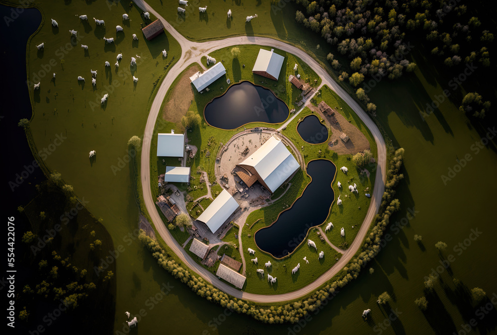 Aerial image of a farm in a community with cows and pigs. Cowsheds ...