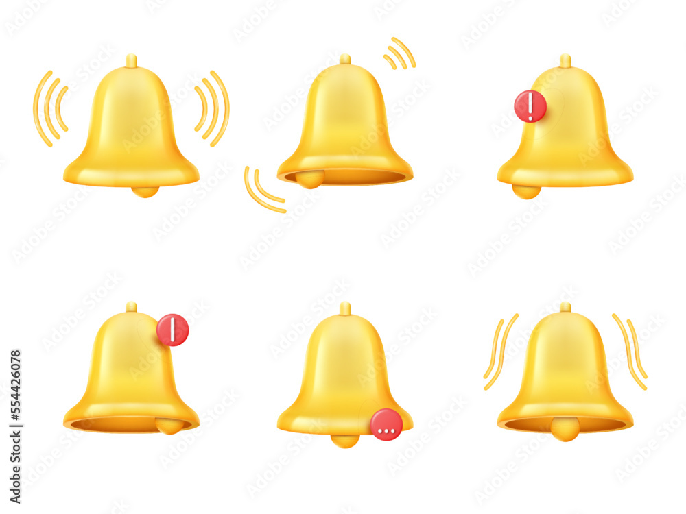 Realistic yellow bell. 3d element notification, alert icon. Alarm ...