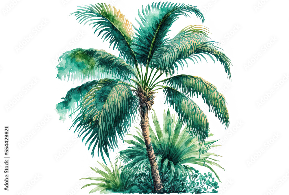 A watercolor hand drawing of a palm tree in beautiful brilliant ...