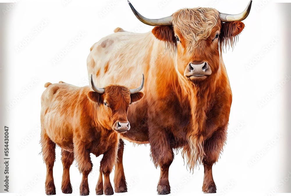 Big brown bull, Yak digital file clipping path, watercolor Mom and Baby ...