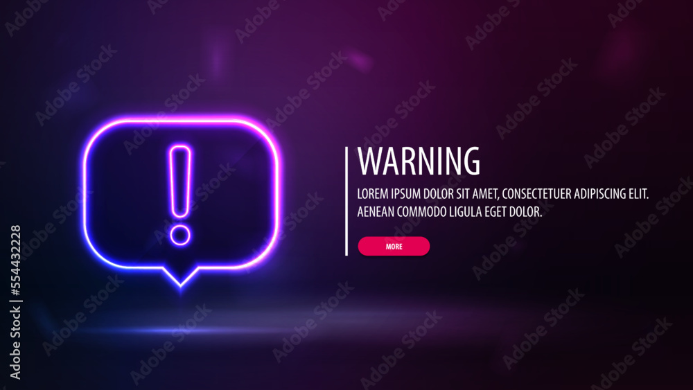Purple poster with neon warning logo and title with button on blurred ...