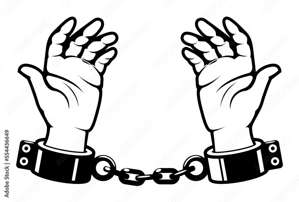 Man hands with shackles on wrists, slave handcuffed, prisoner fetter ...